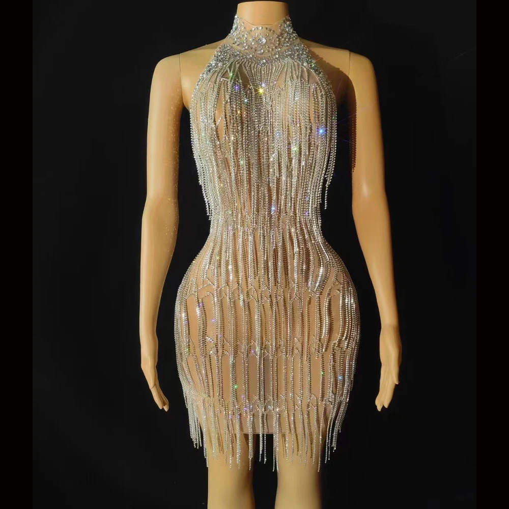 Sexy Silver Rhinestones Crystals Fringes Backless Dress Evening