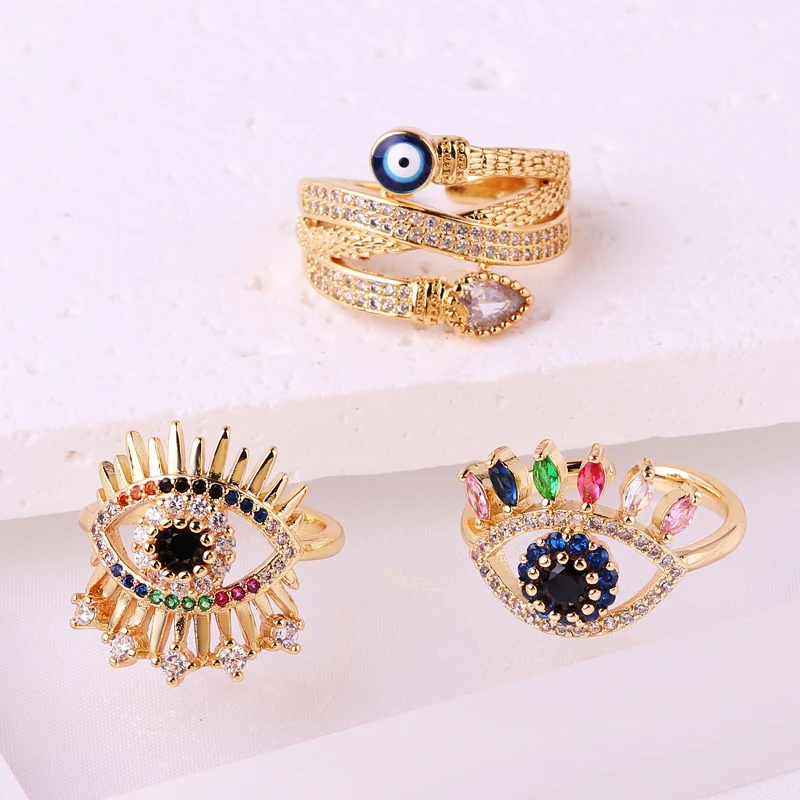 Anillos de ojo malvado de circón colorido para mujer, estilo turco, abierto, oro de 18K, anillo ...