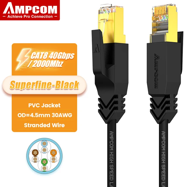AMPCOM S/FTP CAT8 Ethernet Cable, High Speed 24AWG Patch Cable 40Gbps 2000Mhz with Gold Plated ...