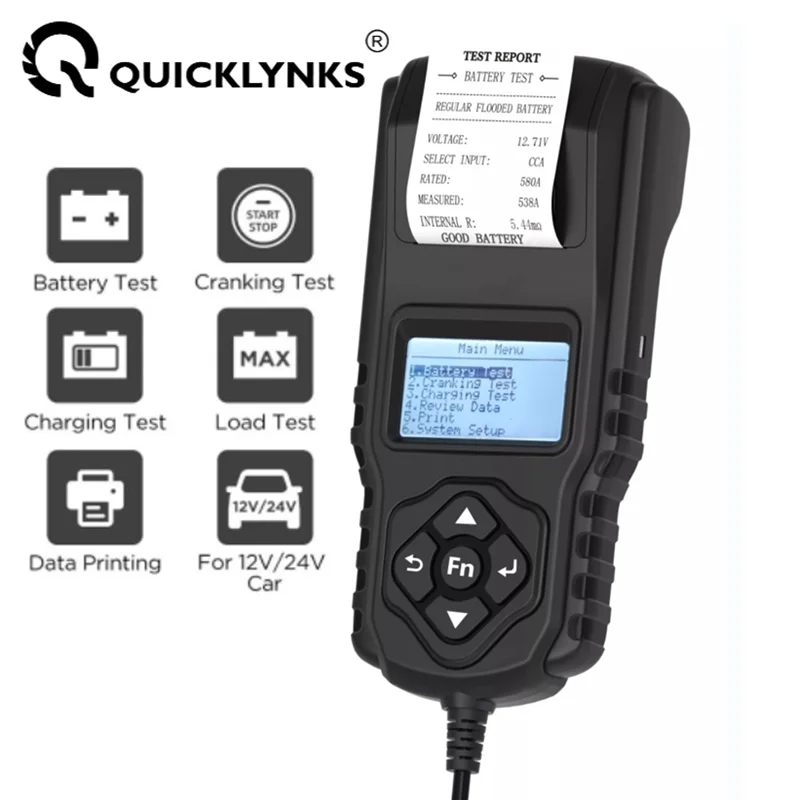 QUICKLYNKS 프린터 포함 자동차 배터리 테스터, 100-2000 CCA 배터리 테스트, 자동 크랭킹 및 충전 테스트 ...