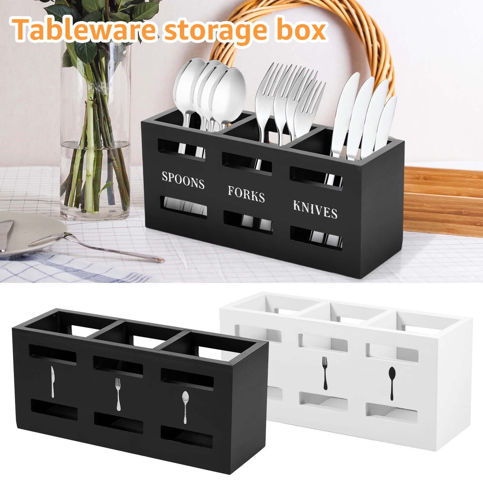 Silverware Caddy Wood Utensil Caddy with 3 Compartments Large Capacity ...