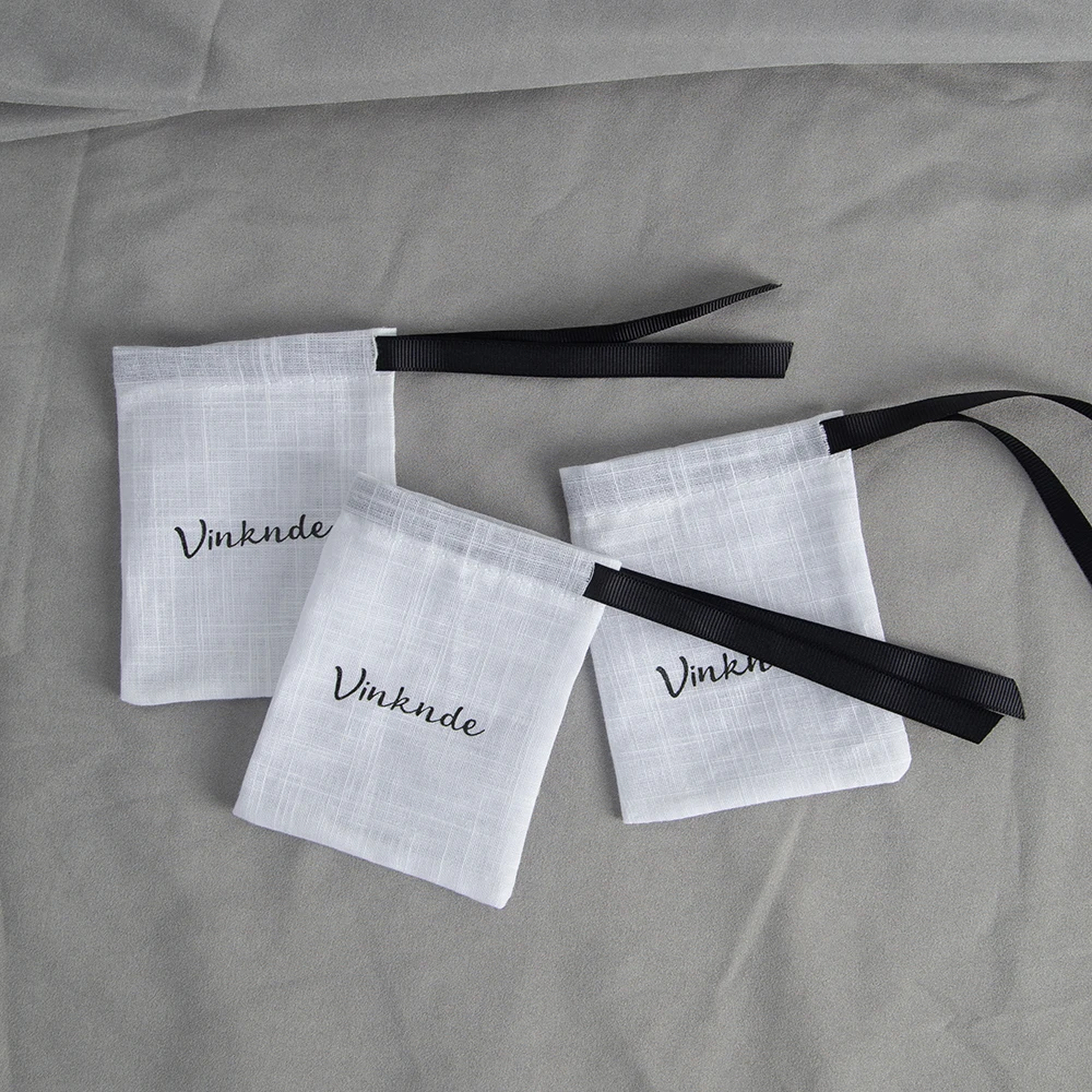 50pcs-Custom-Logo-White-Canvas-Cotton-Bags-with-Black-Drawstring-Rings ...
