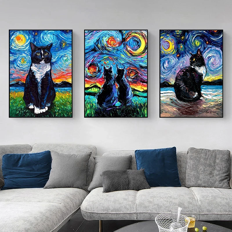 Van Gogh‘cats Art Canvas Oil Painting Cat Under Star Posters Abstract ...