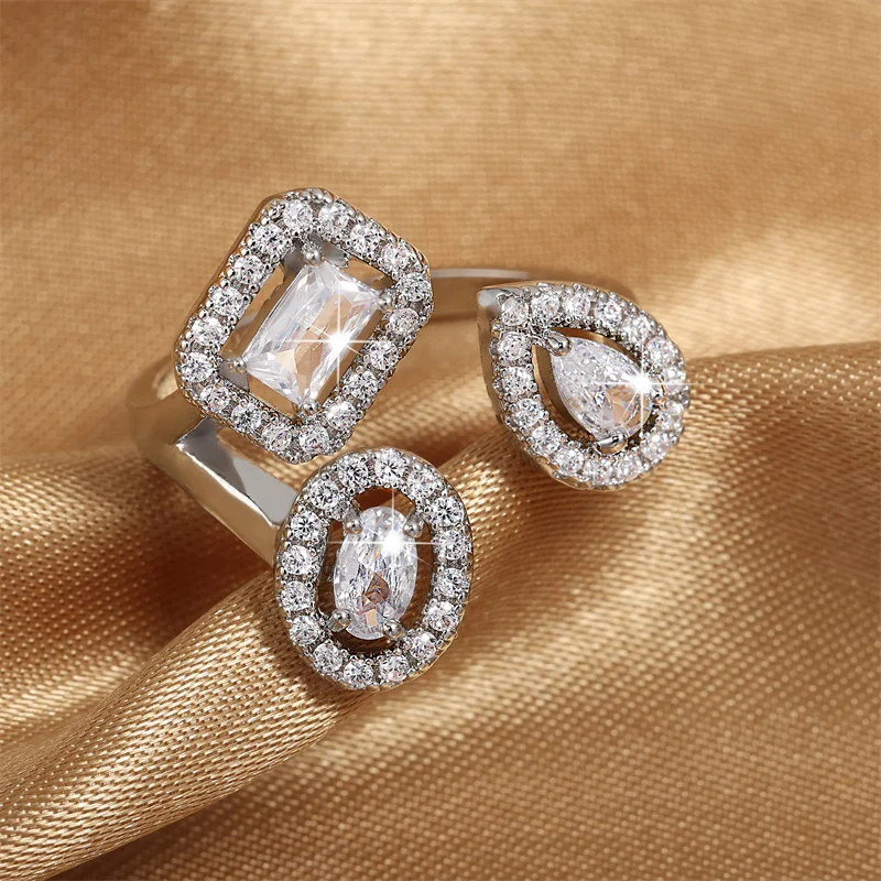 UILZ Luxury Shiny Geometric Square Crystal Open Rings Fashion Cubic ...
