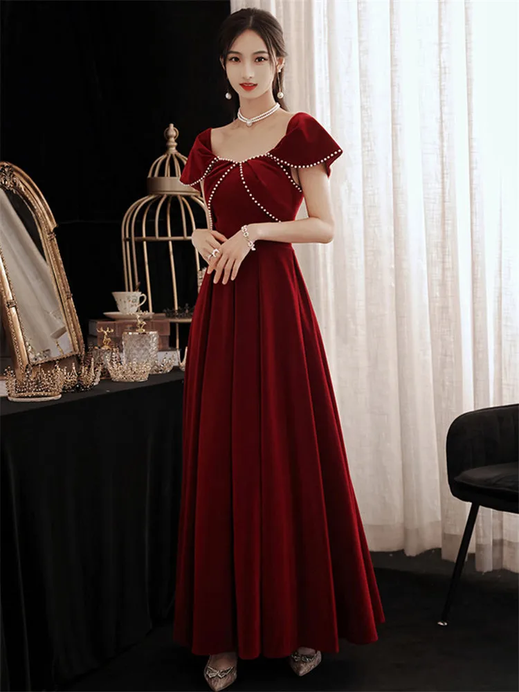 Wine-Red-Long-Dress-Women-s-Summer-New-Solid-Color-Beaded-Square-Collar ...