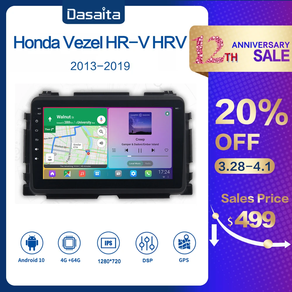 Dasaita 9" Android 10 Car Radio Player for Honda Vezel HR V HRV 2014 2015 2016 2017 Auto Stereo ...