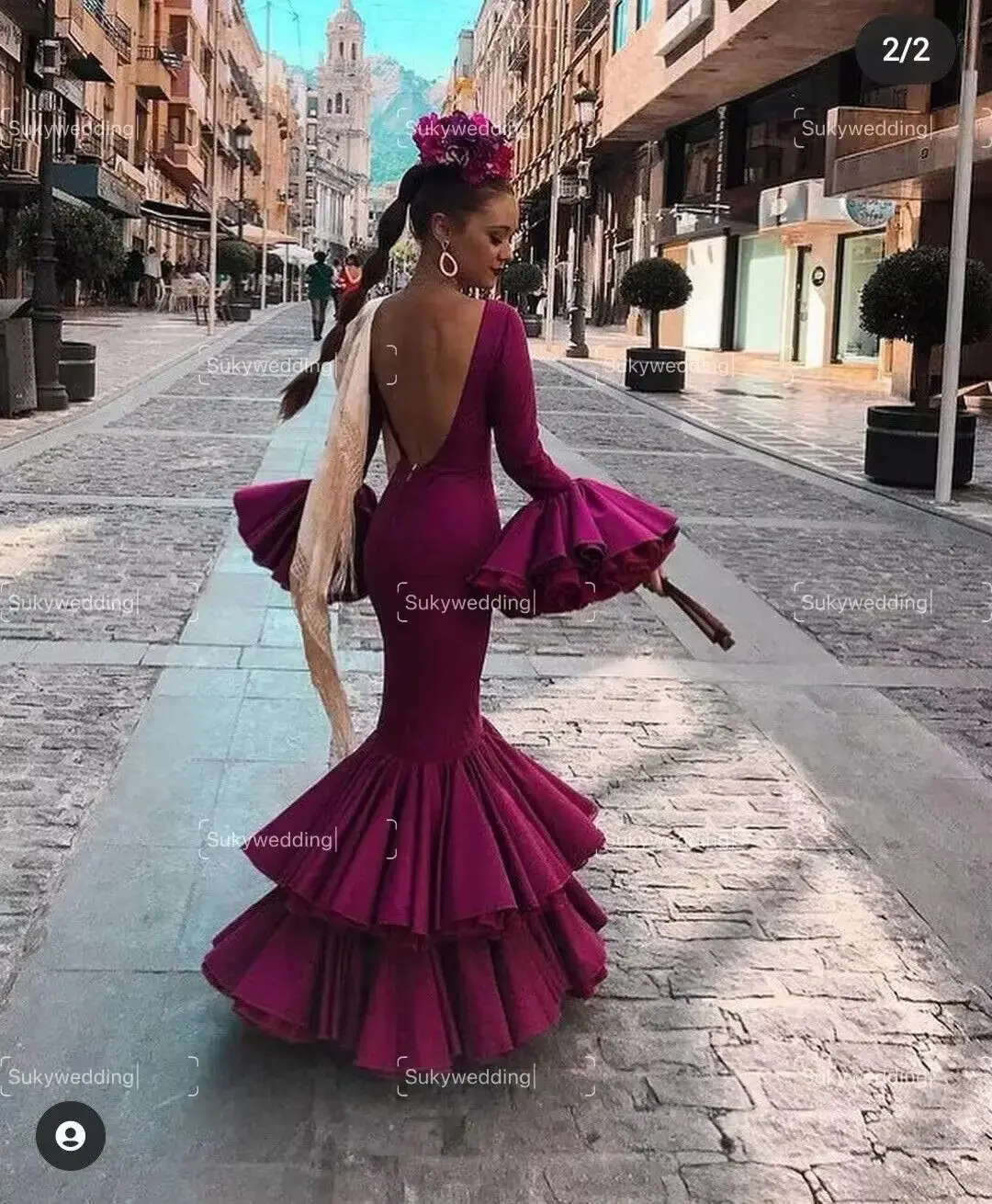 Burgundy-Mermaid-Spanish-Style-Prom-Dresses-Fairy-Long-Sleeve-Tiered ...