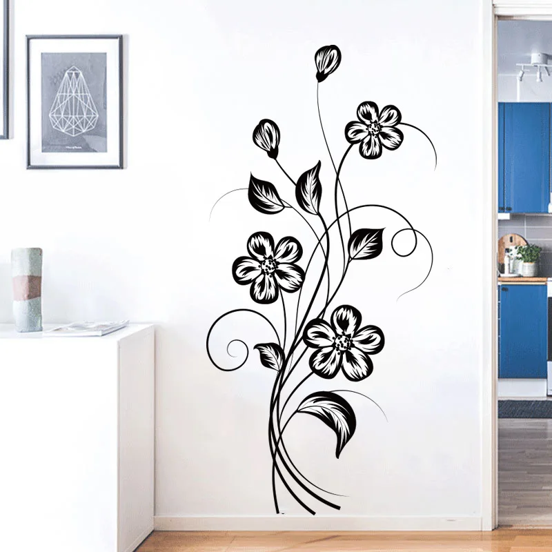 Black Flower Vine Vinyl Wall Stickers Refrigerator Window Cupboard ...