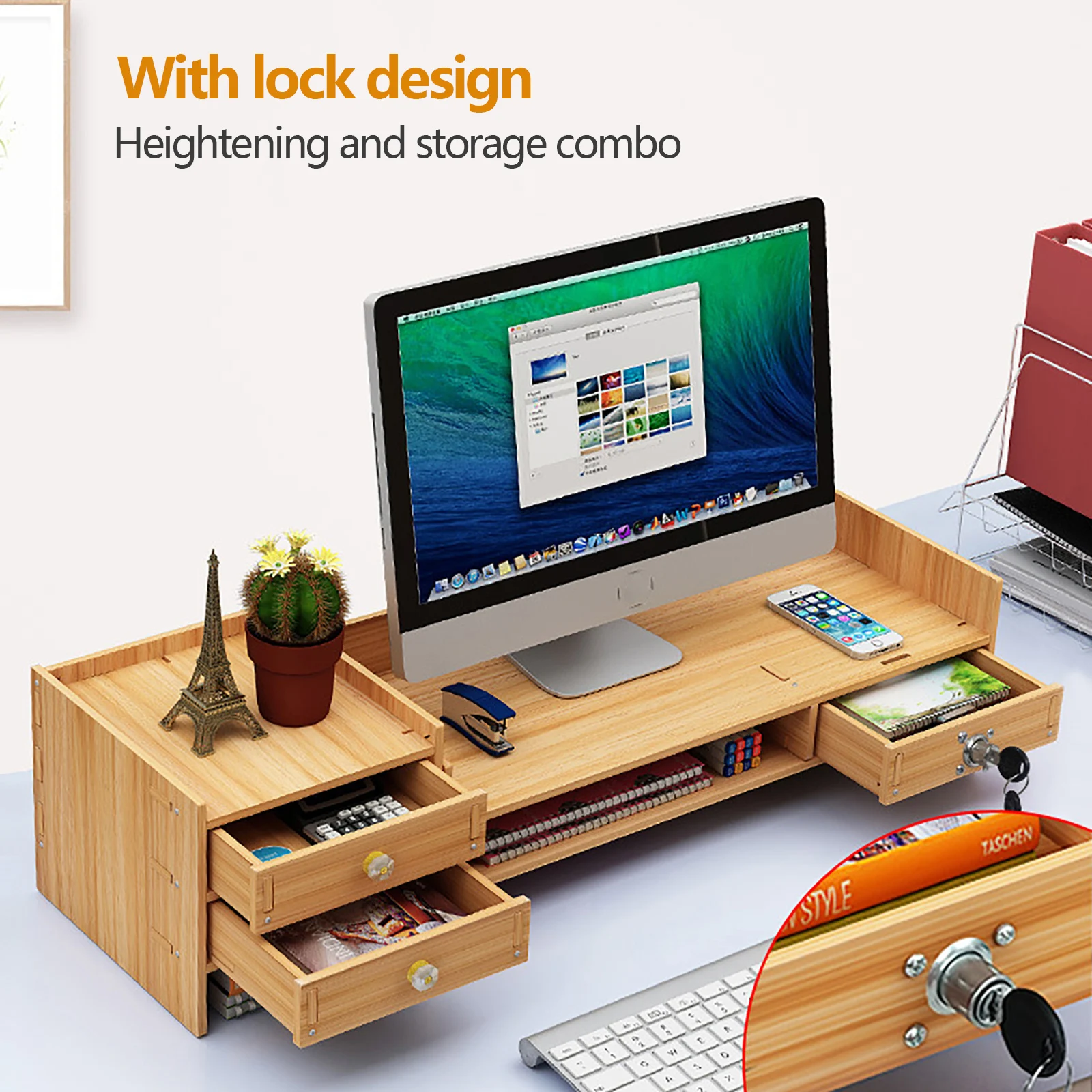 Wooden Desk Organizers with Lock, Computer Desktop Tray, Storage ...