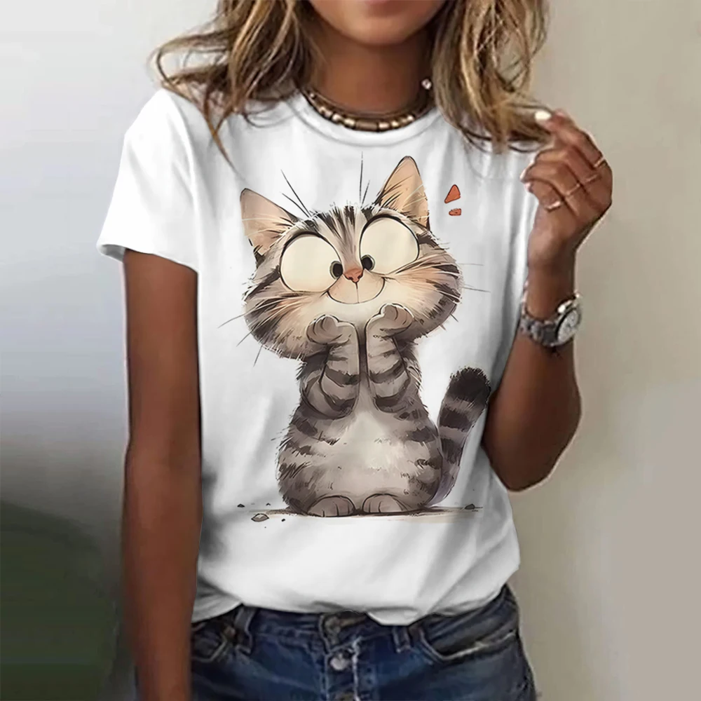 Lovely-Cat-Print-Women-O-Neck-T-Shirts-Kawaii-Style-Pullover-Loose ...