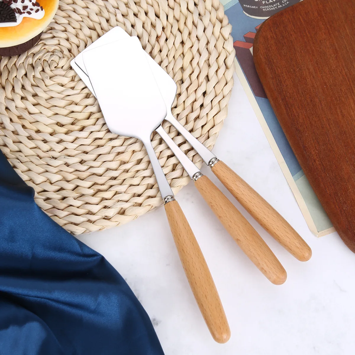 Stainless Steel Square Head Steak Cooking Spatula Wood Handle Pizza ...