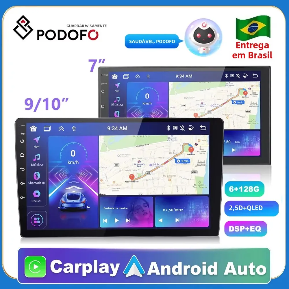 Podofo 2din android gps carro estéreo carplay rádio bluetooth fm carro ...