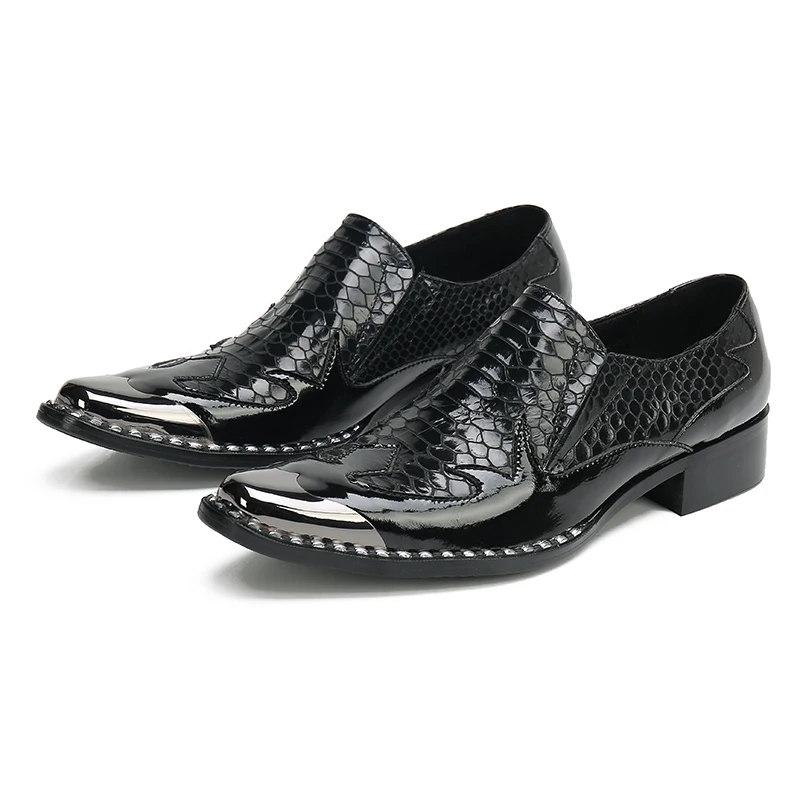 Handmade-Men-s-Shoes-Pointed-Metal-Tip-Black-Genuine-Leather-Snake-Skin ...