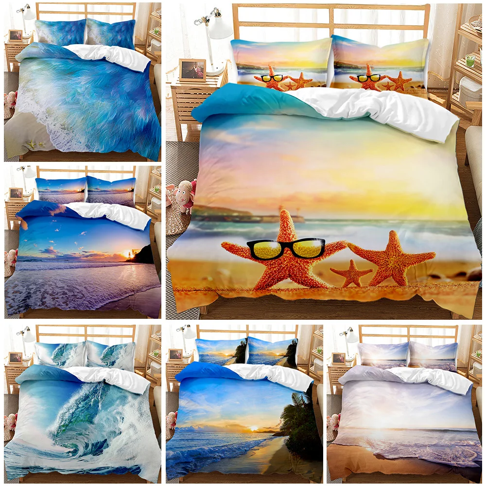 Beach-Themed-Bedding-Set-Blue-Ocean-Duvet-Cover-Set-Starfish-Printed ...
