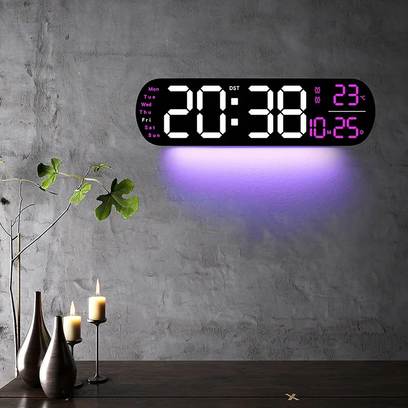 LED-Digital-Wall-Clock-With-Remote-Control-Ambient-Lights-Time-Date ...