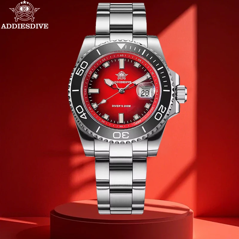 ADDIESDIVE Stainless Steel AD2089 Quartz Watch Red Dial Super Luminous ...
