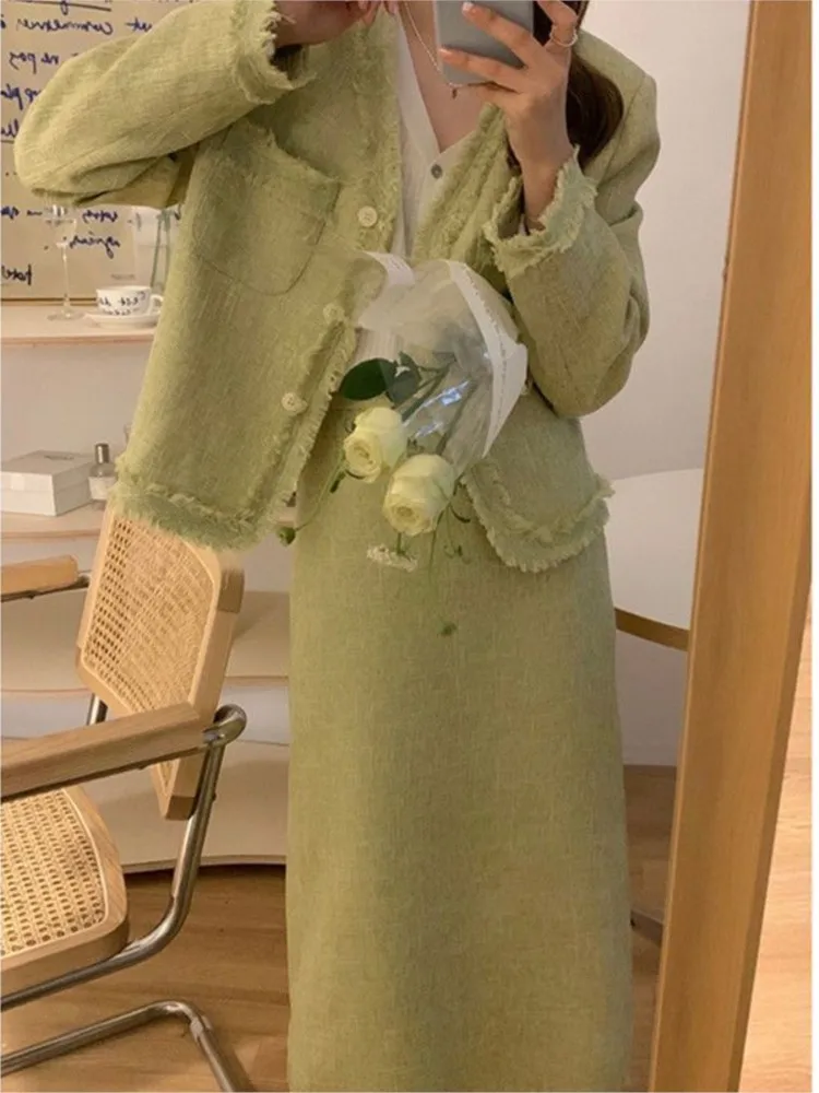 Autumn-Green-Tweed-Two-Piece-Set-Women-Skirt-Korean-Fashion-Long-Sleeve ...