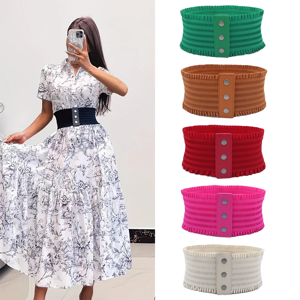 Ruffles-Wide-Belt-Triple-Buckle-Elegant-Elastic-Waistband-Decorative ...