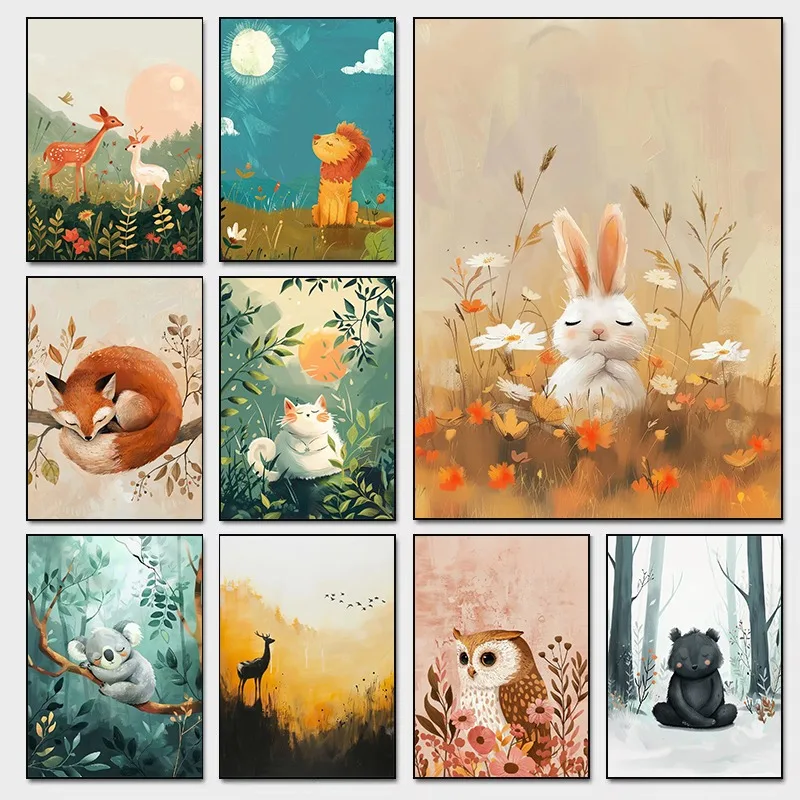 Vintage Cartoon Animal Canvas Wall Art Lion Deer Fox Forest ...