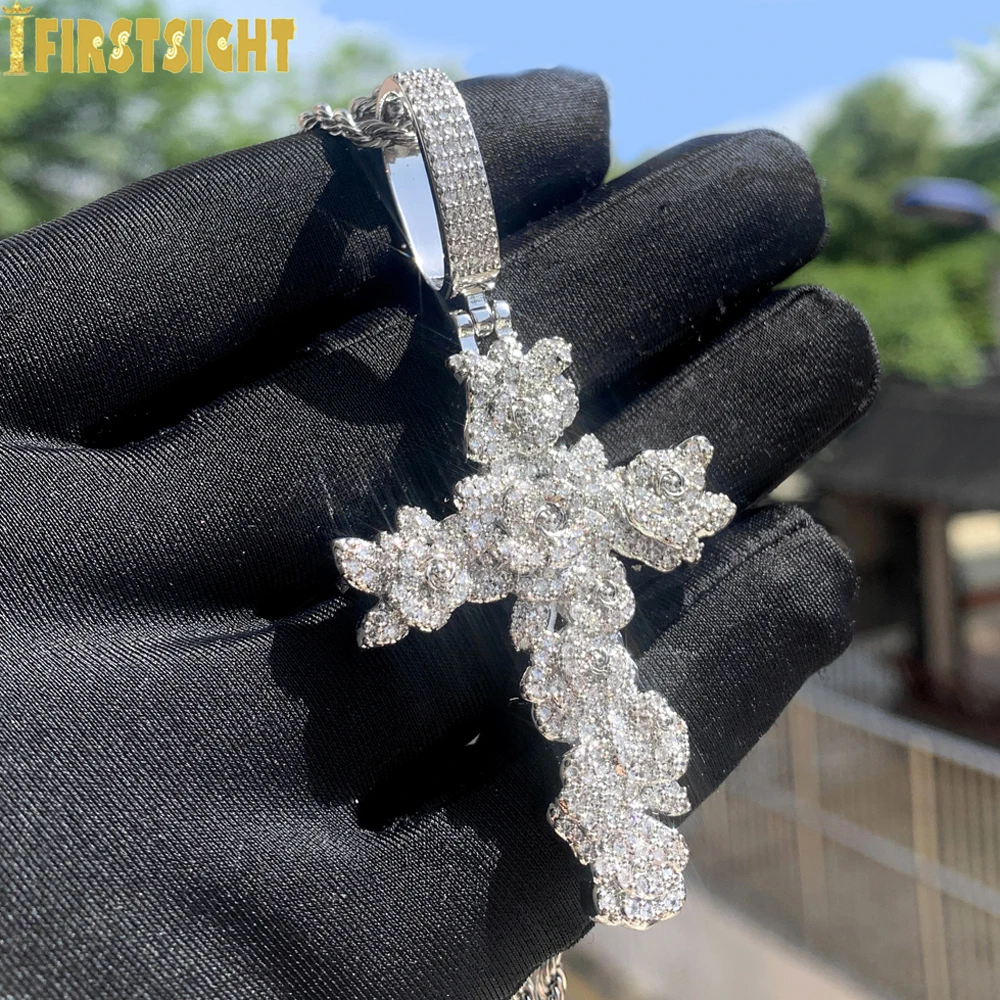 New-Iced-Out-Bling-Flower-Cross-Necklace-For-Women-Men-Silver-Color ...