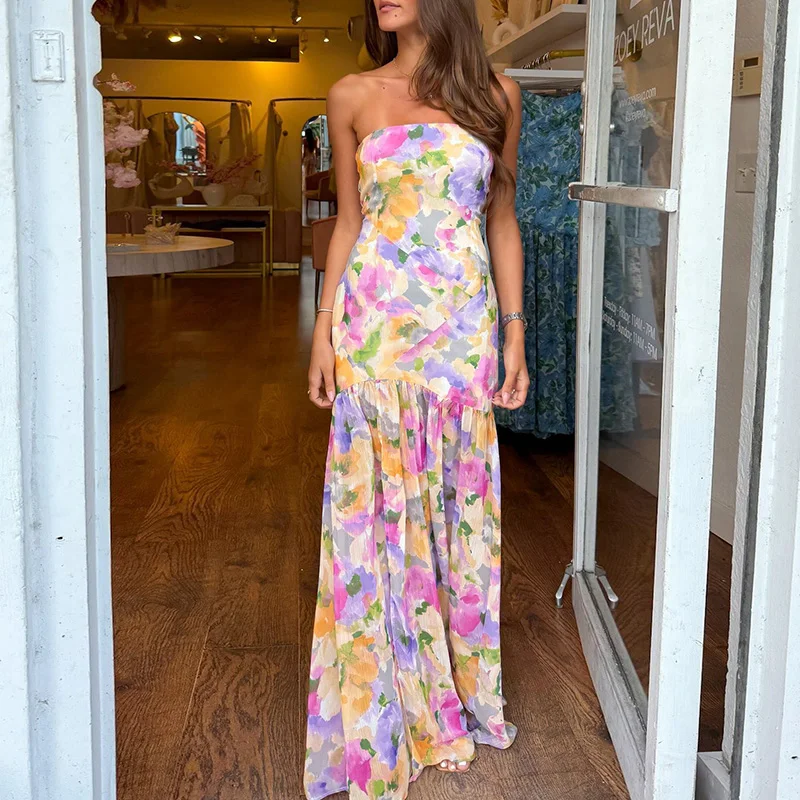 Elegant Floral Print Strapless Women's Dress New 2025 Bohemian Slim Fit ...