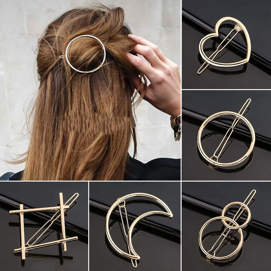 New Metal Geometric Love Heart Hair Clip Elegant Round Barrette for ...