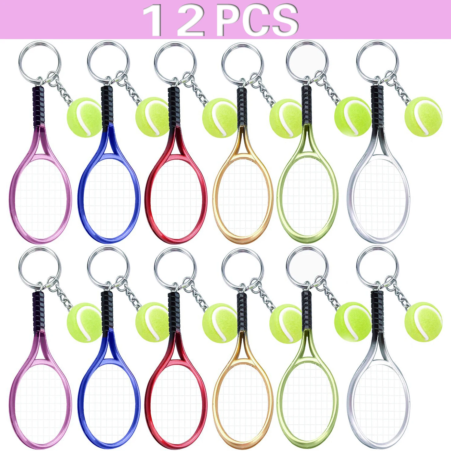 12Pcs Mini Exquisite Lightweight Tennis Racket Racquet Ball Keychains ...