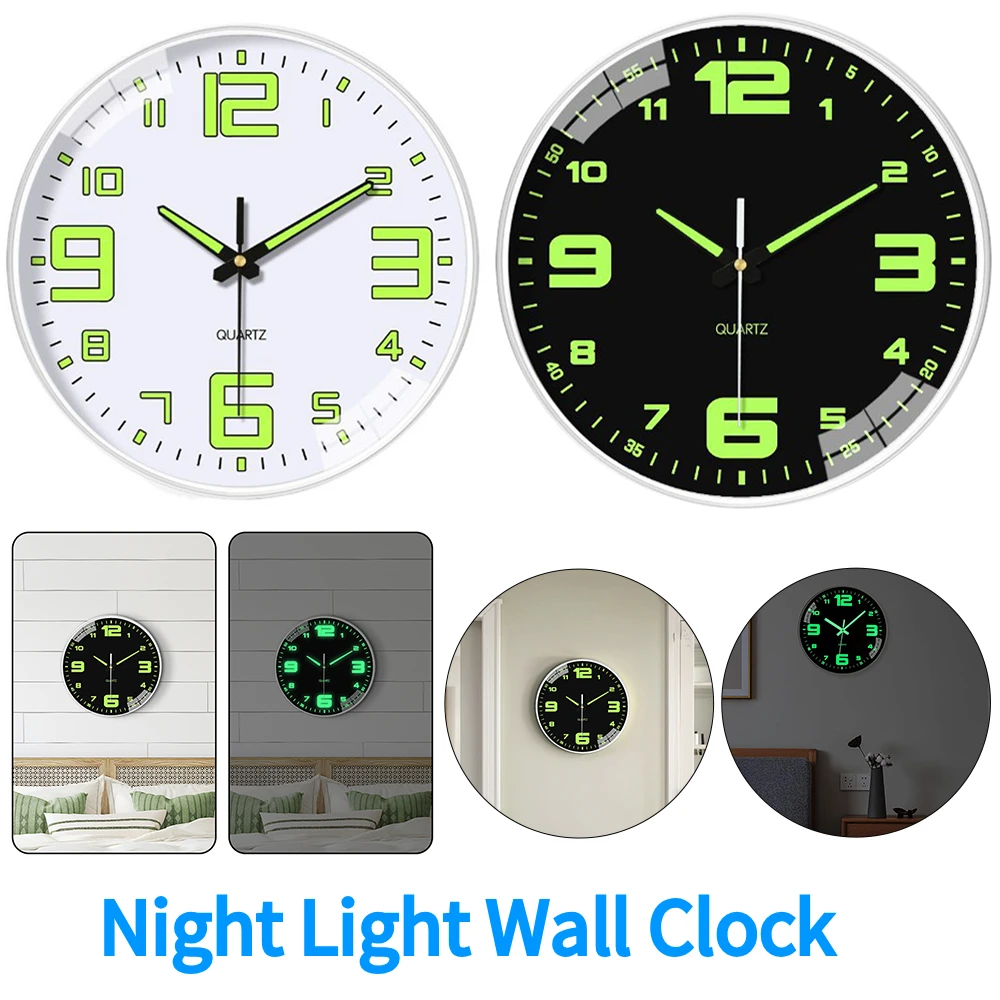 Night Light Wall Clock Battery Operated Glow in The Dark Clocks Silent ...