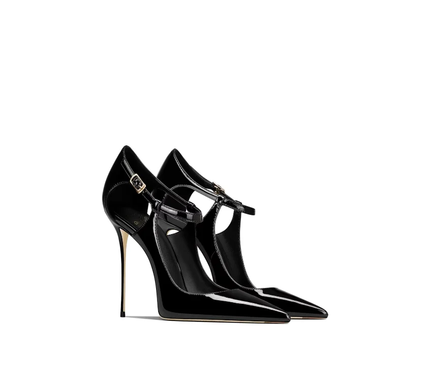 Black patent leather pointed thin heels, deep cut high heels, women's ...