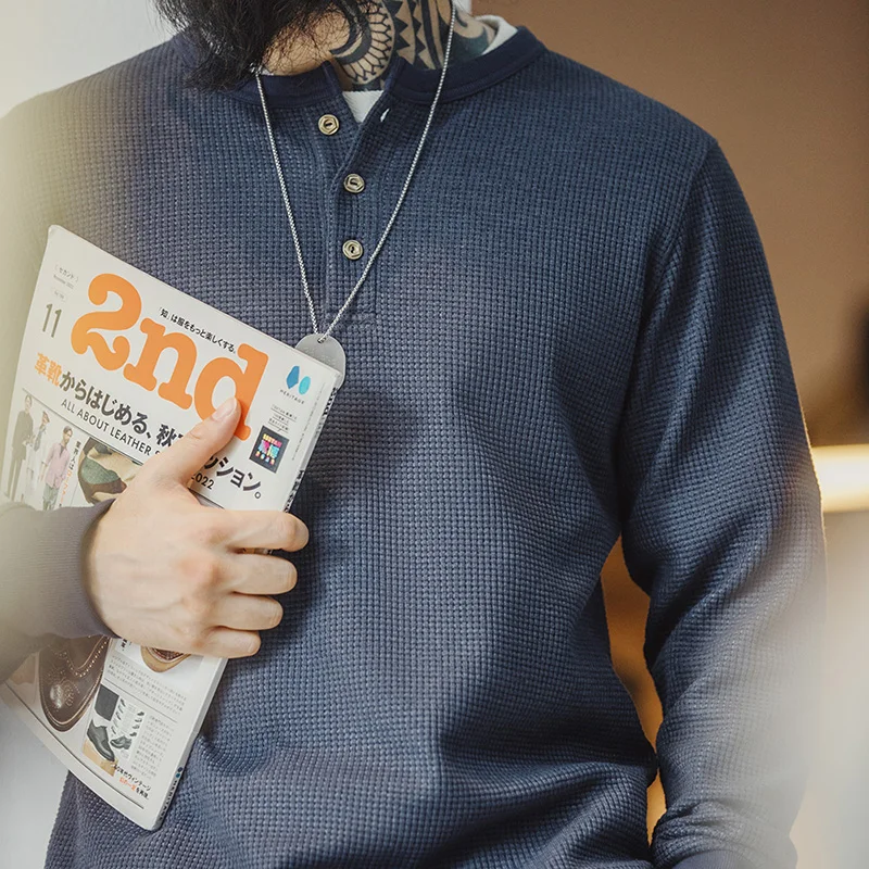 Maden-Vintage-Navy-Blue-Waffle-Henley-Shirt-for-Men-Long-Sleeve-Slim ...