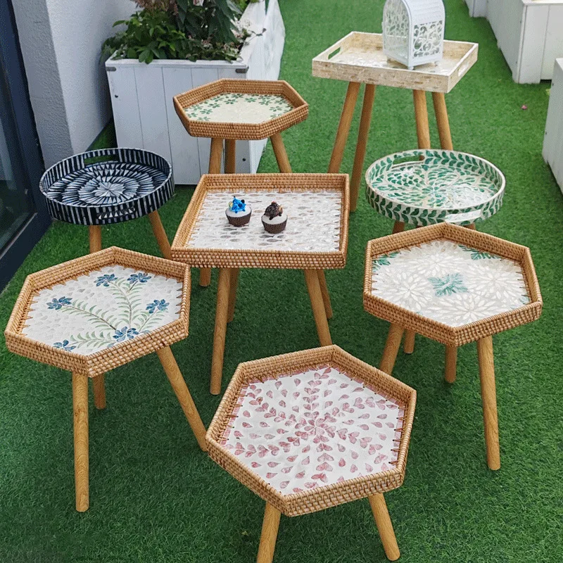 Handmade Rattan Shell Table Colorful Studs Storage Accent Table Rack ...