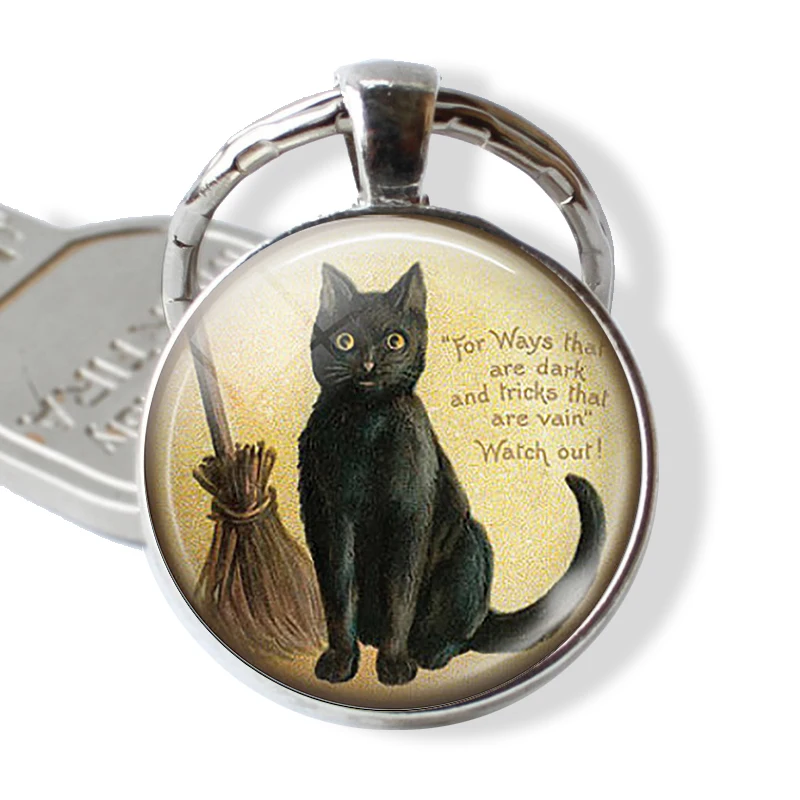 BLACK CAT Quote Keychain Lovers Keyring Cat with Broom Witch Glass ...