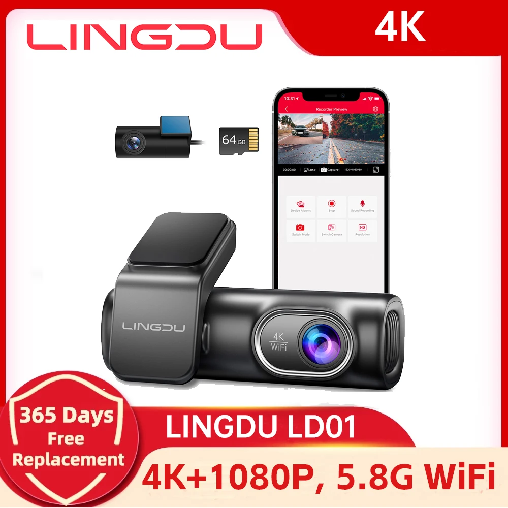 LINGDU LD01 Dash Cam 4K Front 1080P Rear Camera 5.8Gh WiFi Built-in GPS ...