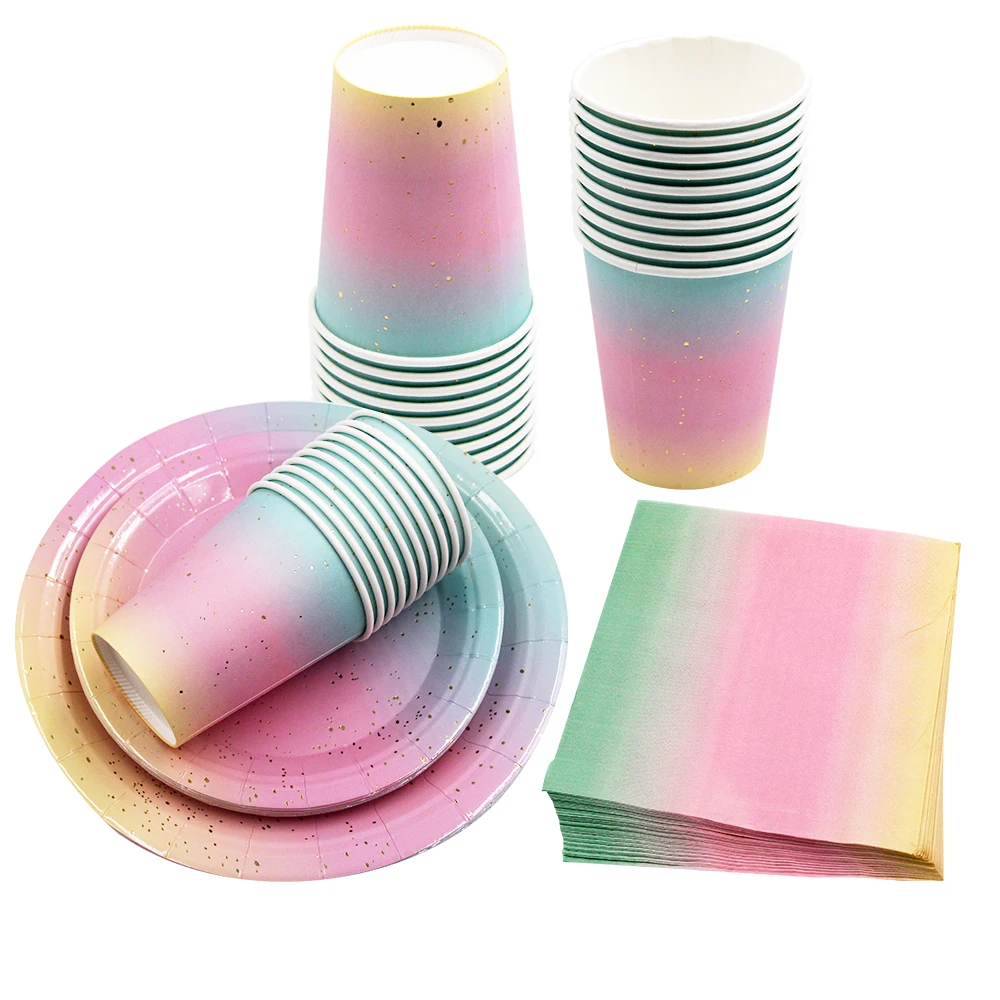 1set Gradient Disposable Tableware Rainbow Paper Cups Plates Napkins ...