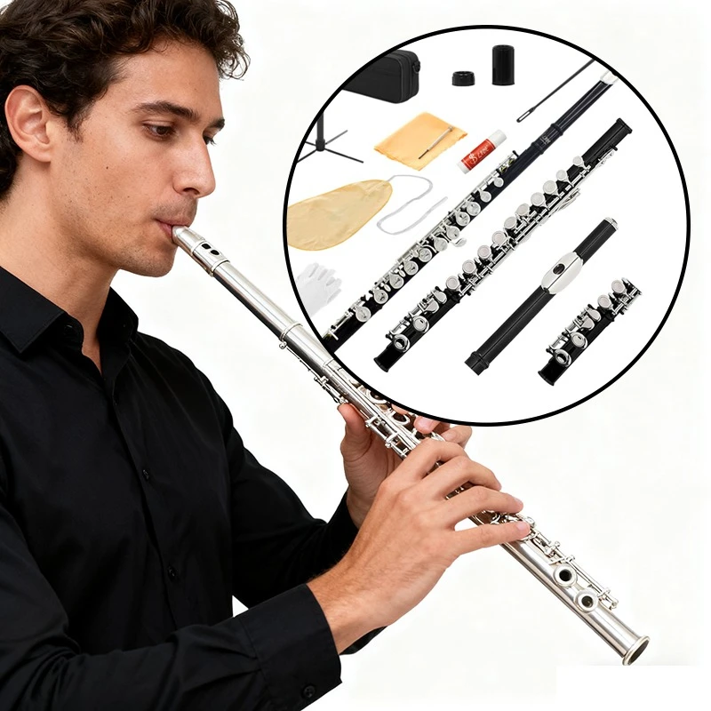 16 Keys Flute C Tone Cupronickel Flute with E Key Nickel Plated Closed ...
