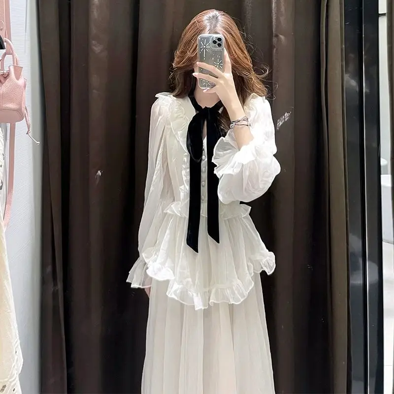 Korea-Spring-Autumn-Women-Lace-Up-Bow-Long-Sleeve-Slim-Maxi-Dress-High ...