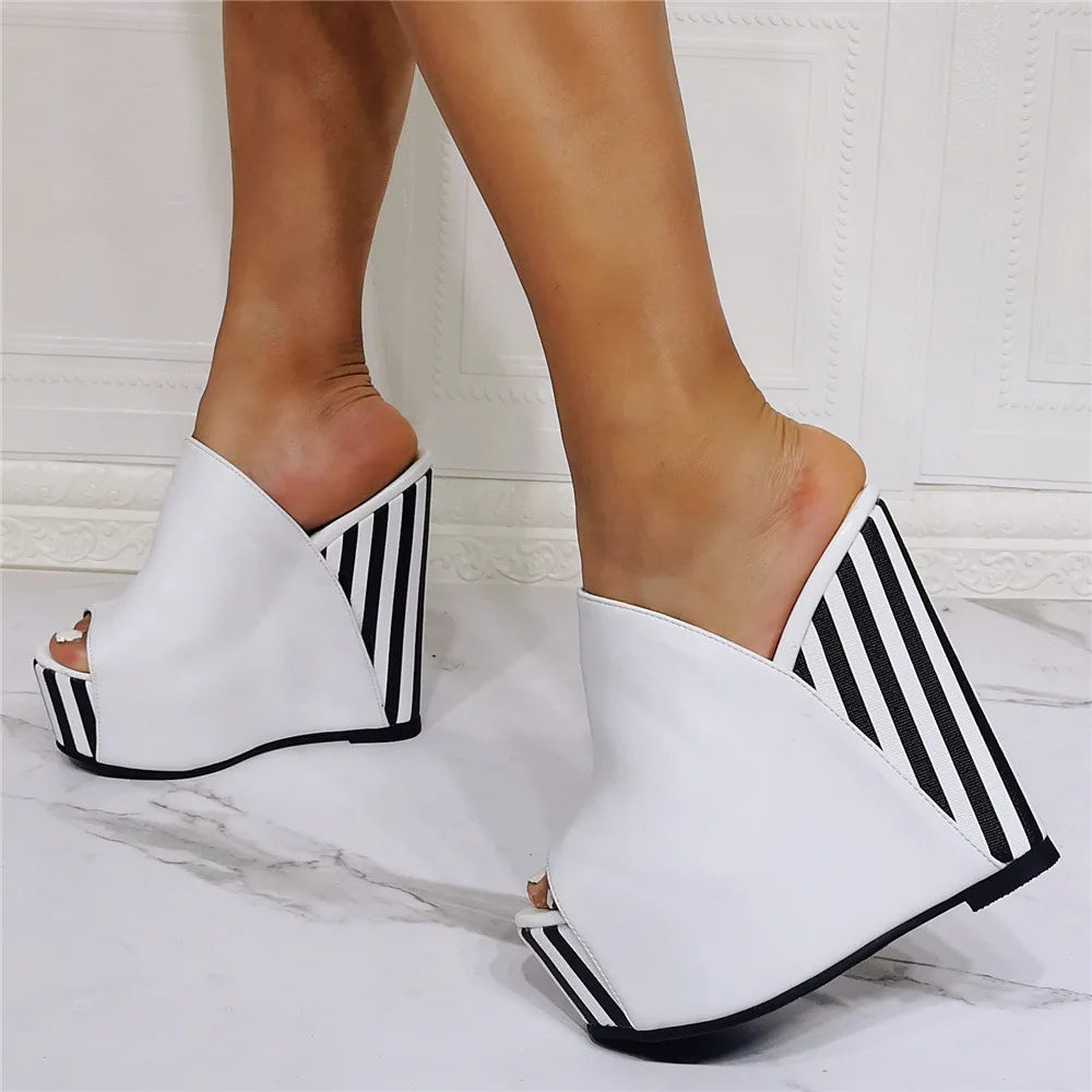 Sexy Peep Toe Slippers Striped Large Size 46 Women Shoes Wedge Platform ...