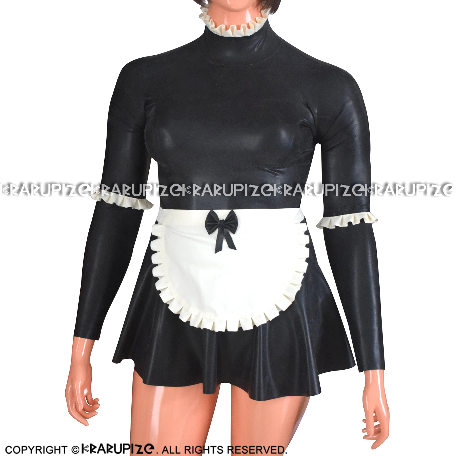 Sexy Latex French Maid Dress With Zippers Back White Apron Bows Long ...