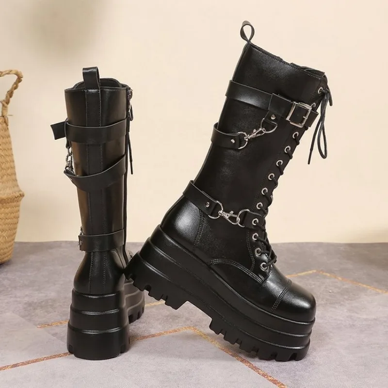 Plus Size 43 Autumn Women Boots Buckle Round Toe Wedges Platform Boots ...