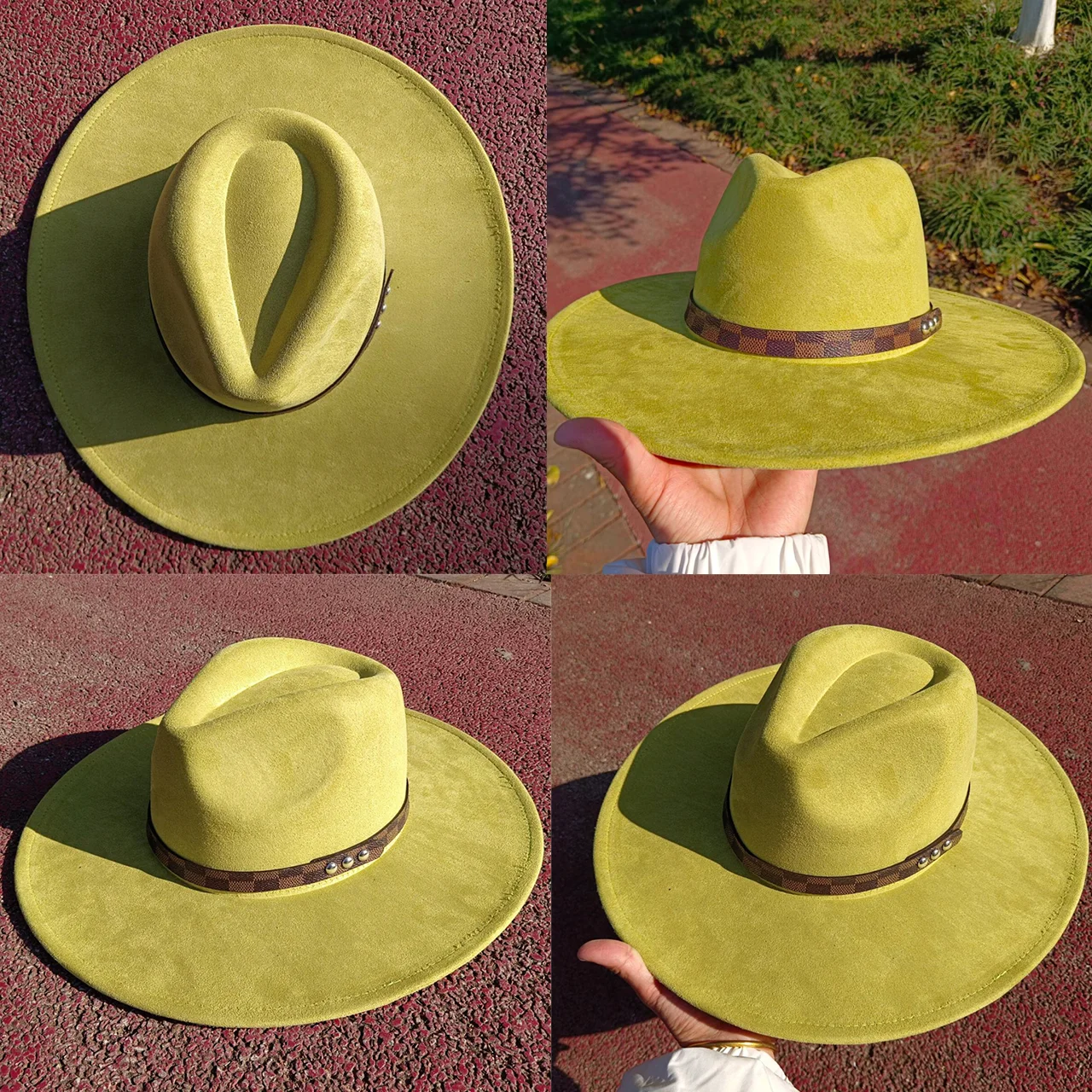 Avocado-gr-n-Fedora-Wildleder-Hut-karierten-G-rtel-Wasser-tropfen-Top ...