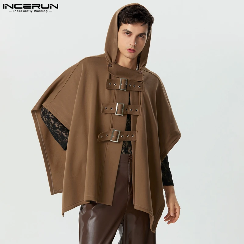 INCERUN-Men-Cloak-Coats-Solid-Color-Hooded-Button-Irregular-Trench ...