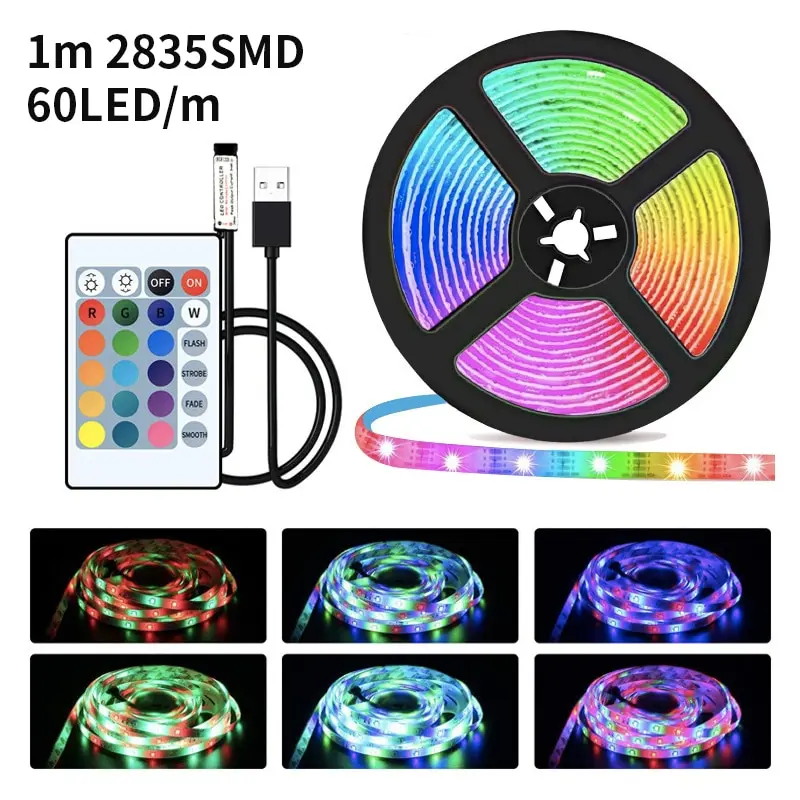 1m USB LED Strip Lights 60LEDs/m RGB Tape SMD 2835 With Remote Control Flexible Tape Diode ...