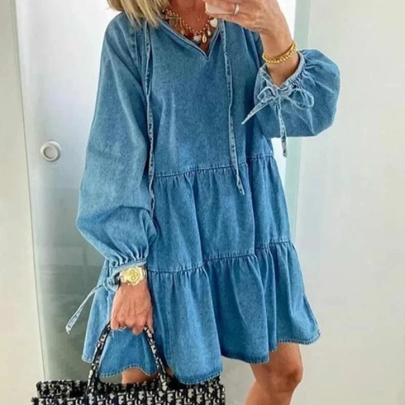 Women Fall Summer Denim Dress Loose Solid Short Mini Dresses Female Fashion V Neck Casual Lace ...