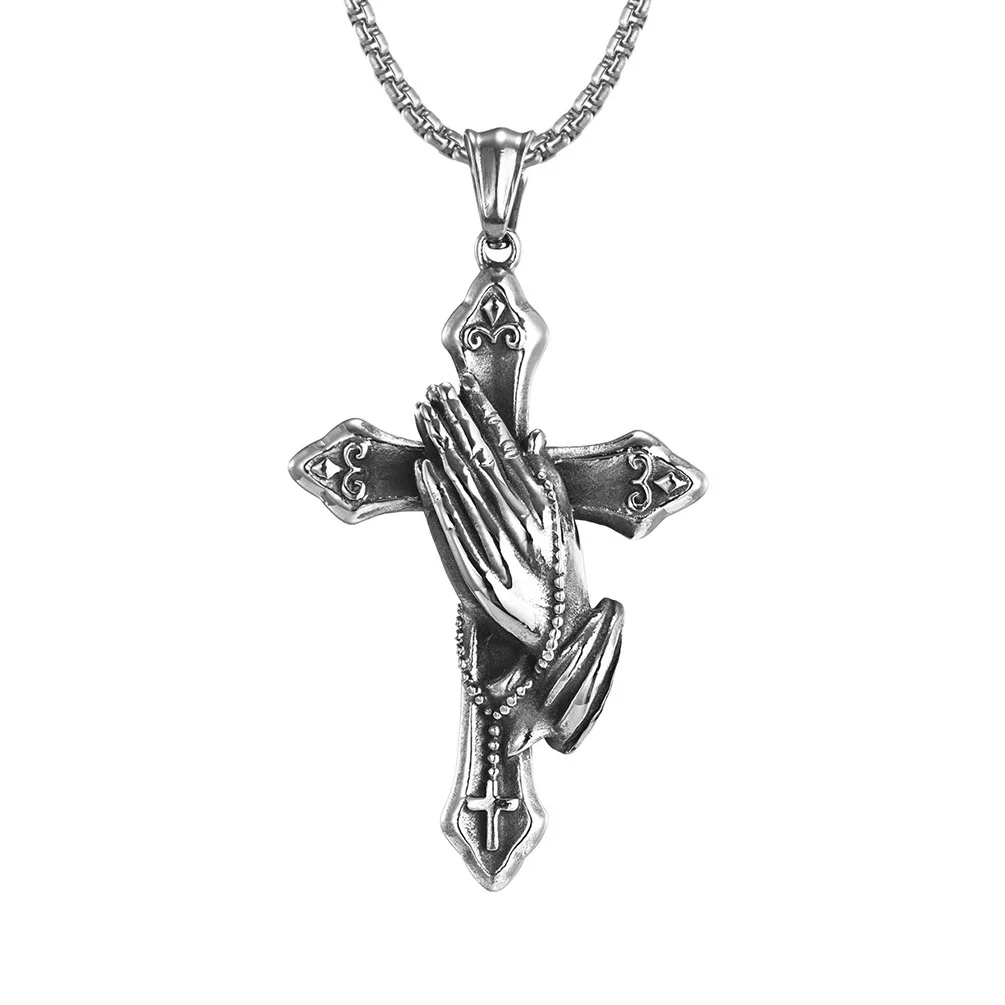 5Pcs-Praying-Hands-Cross-Pendant-Stainless-Steel-Chain-Jesus-Christian-Religious-Necklaces-For ...
