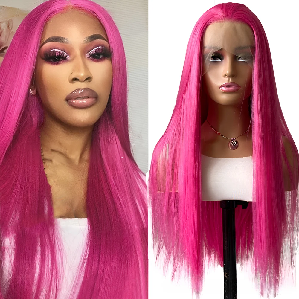 Rose Pink Straight Synthetic Lace Wig Glueless Wigs For Women Natural ...