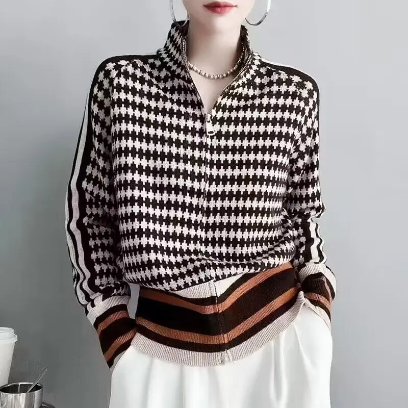 하이 스트리트 격자 무늬 패치워크 코트 올 매치 여성 의류 느슨한 긴팔 재킷 지퍼 스탠드 칼라 가을 겨울 패션