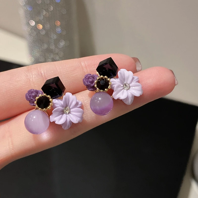 Crystal-Flower-Stud-Earrings-for-Women-925-Silver-Needle-Korean-Women ...