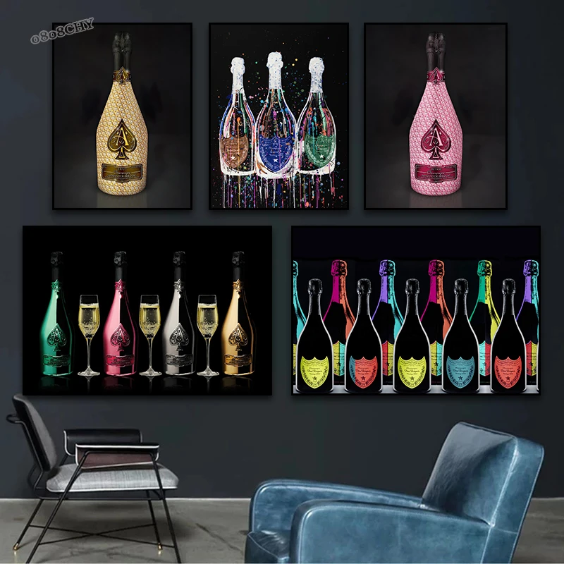 Fashion Luxury Champagne Bottle Art Canvas Painting Prints Poster Wall ...
