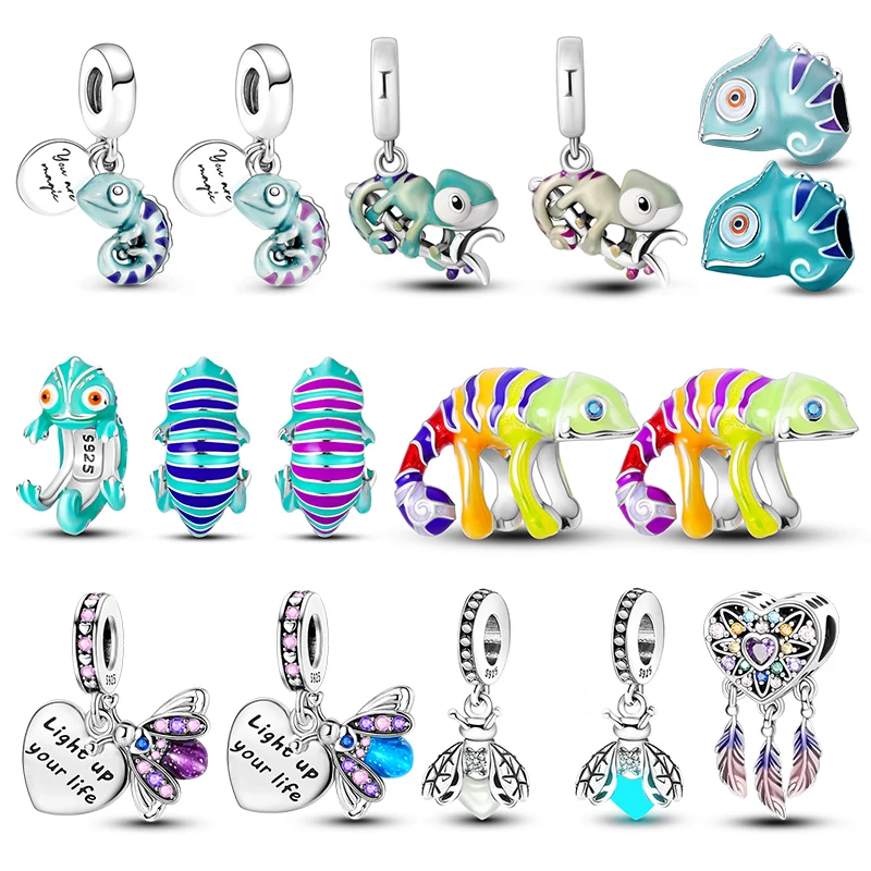 New-925-Silver-Chameleon-Glowworm-Light-Bulb-Firefly-Star-Moon-ant-Bead ...