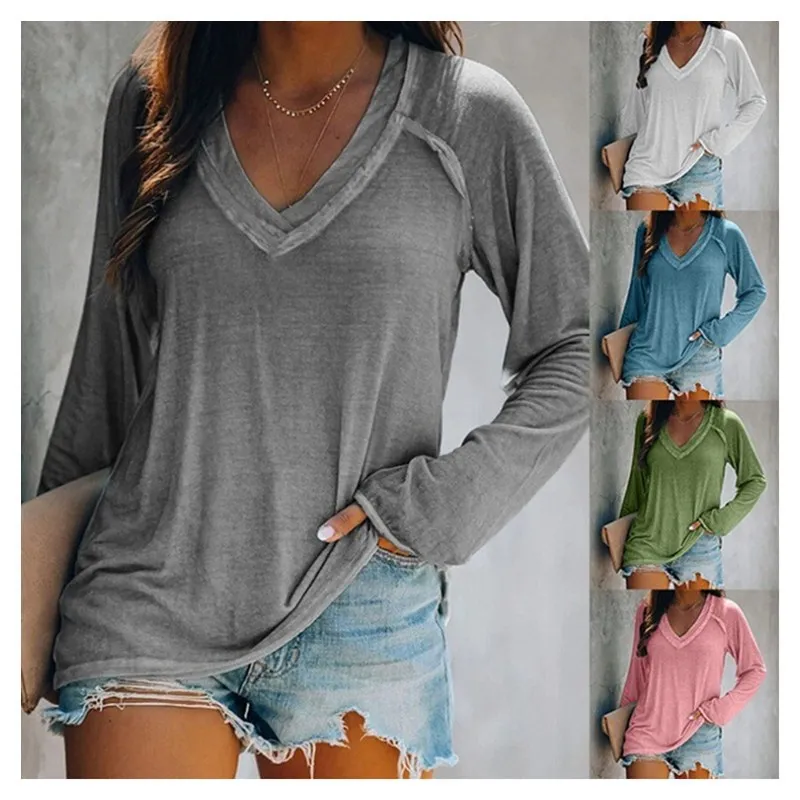 Solid-color-long-sleeved-V-neck-patchwork-casual-oversized-T-shirt-top ...
